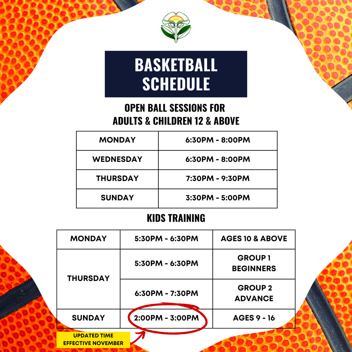 Updated Time Effective November – Panaga Club