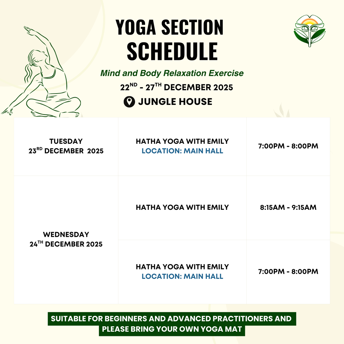 Yoga Schedule 22 to 27 December 2025 – Panaga Club