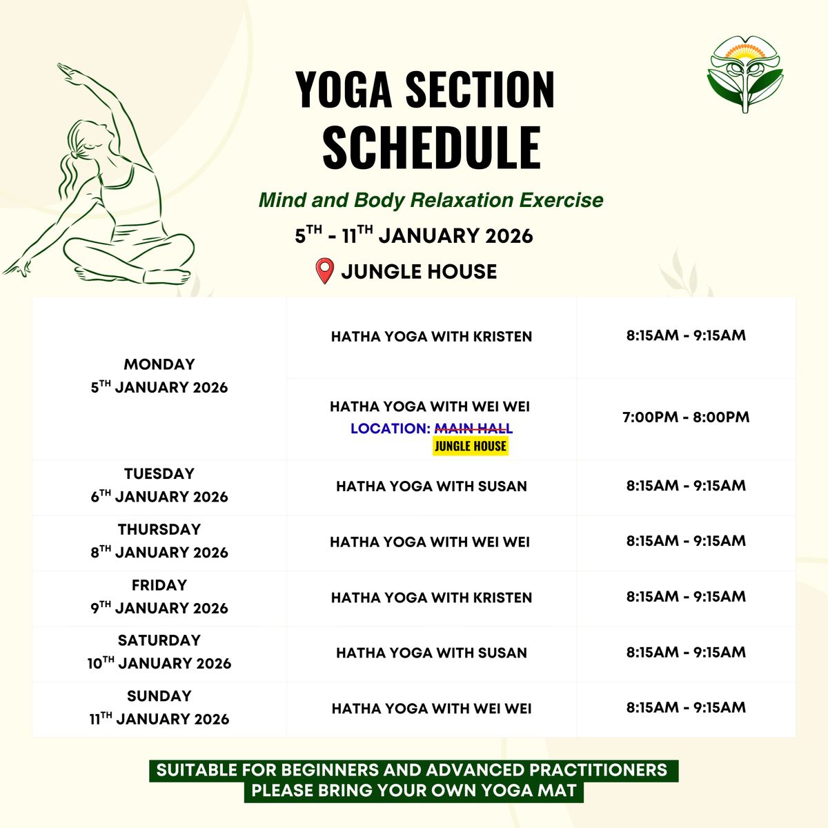 Yoga Schedule 5 to 11 January 2026 – Panaga Club