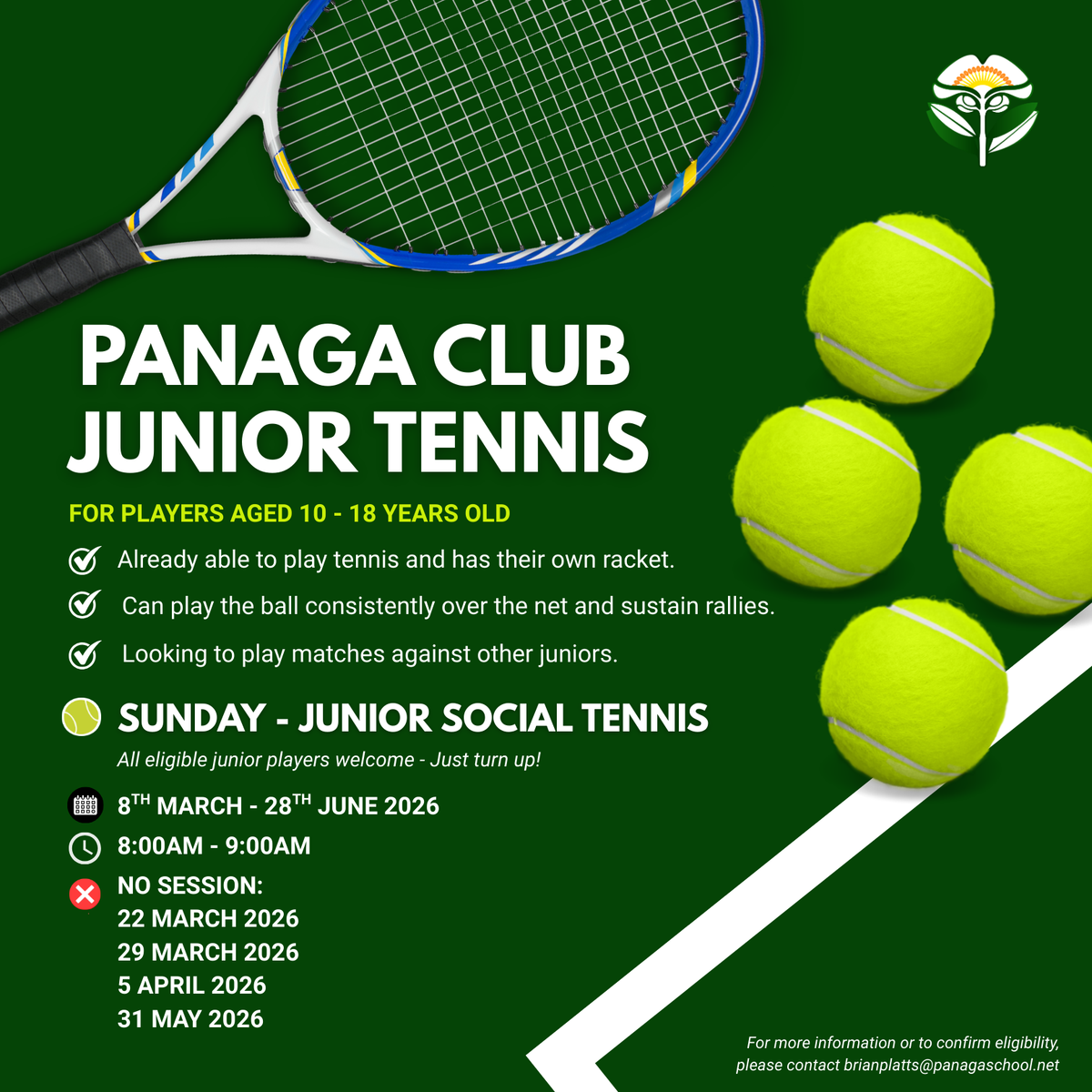 🎾 Panaga Club Junior Tennis (Ages 10–18)