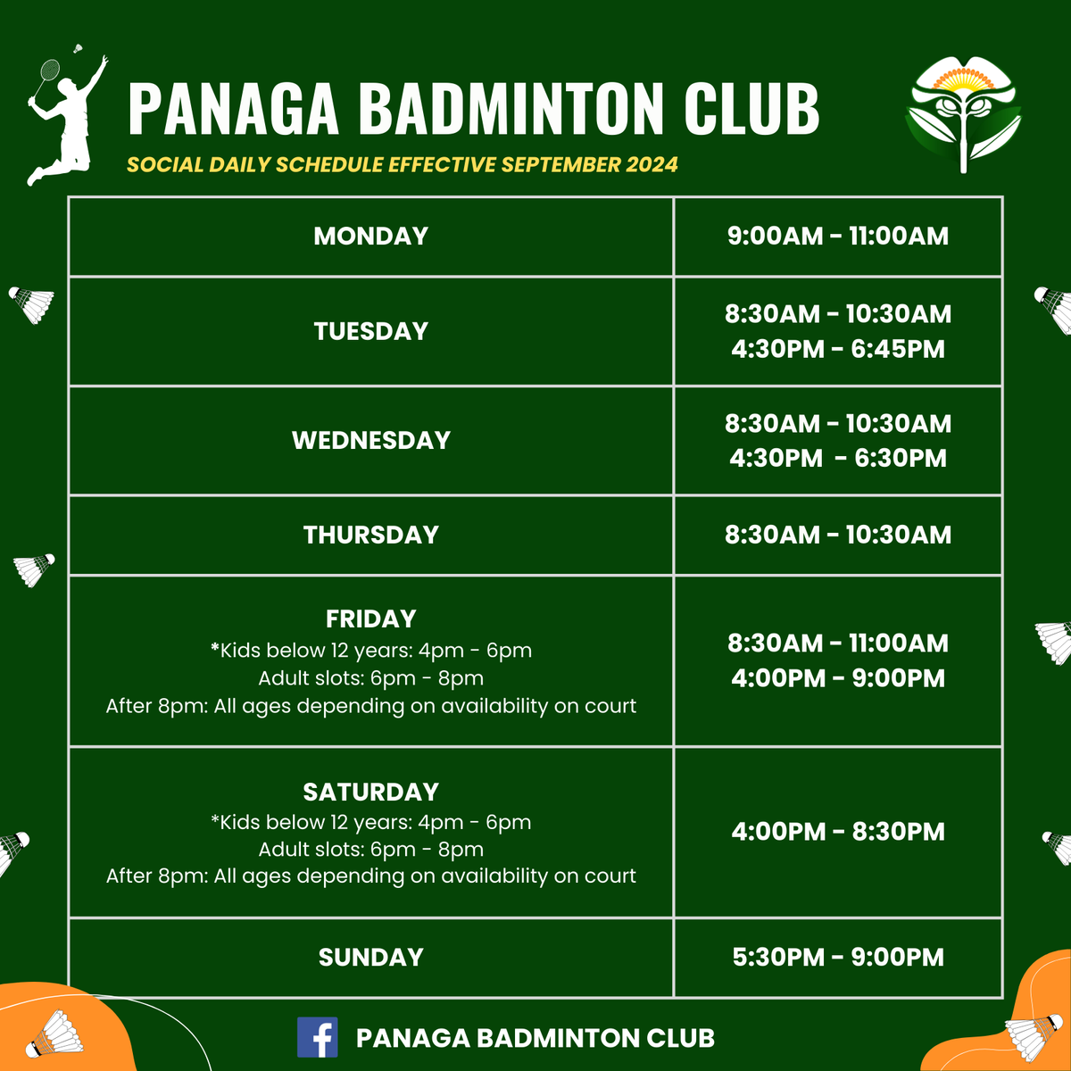 Updated Panaga Badminton Social Daily Schedule Effective September 202 ...