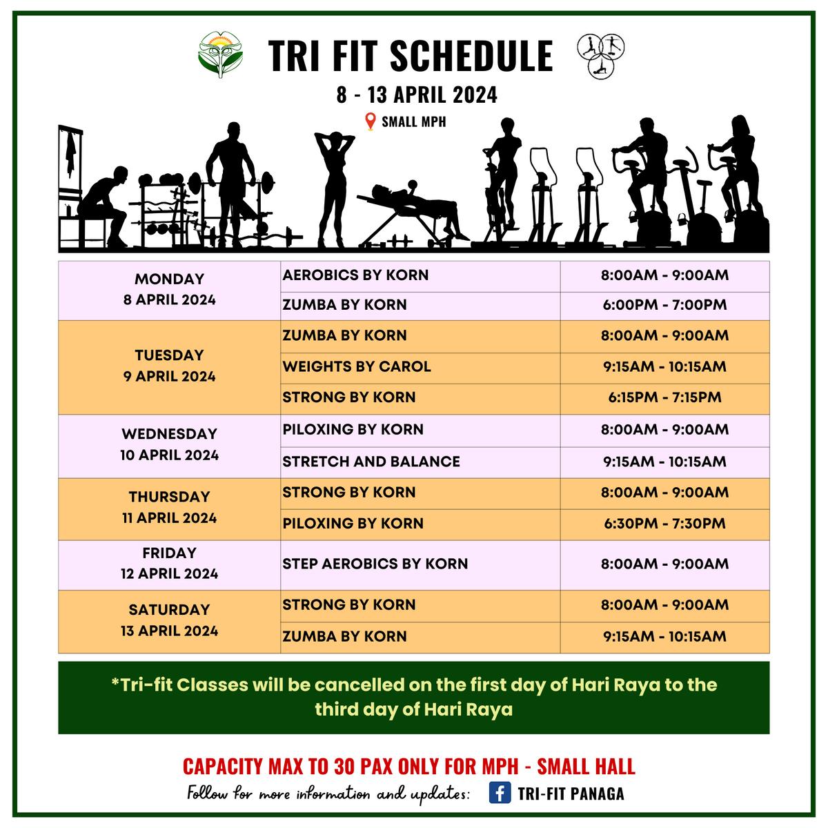 Tri-fit Schedule 8 to 13 April 2024 – Panaga Club