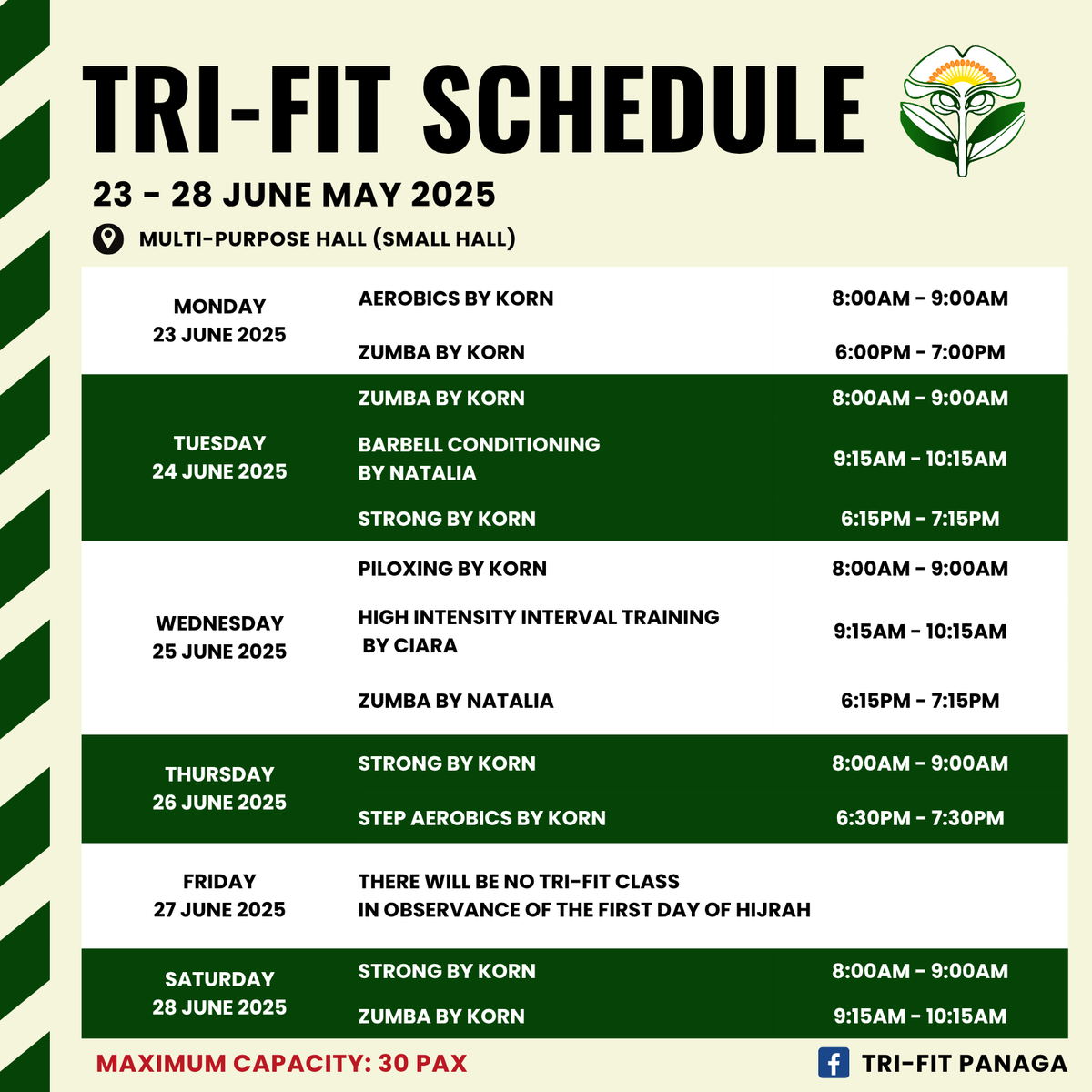 Tri-fit Schedule 23 to 28 June 2025 – Panaga Club