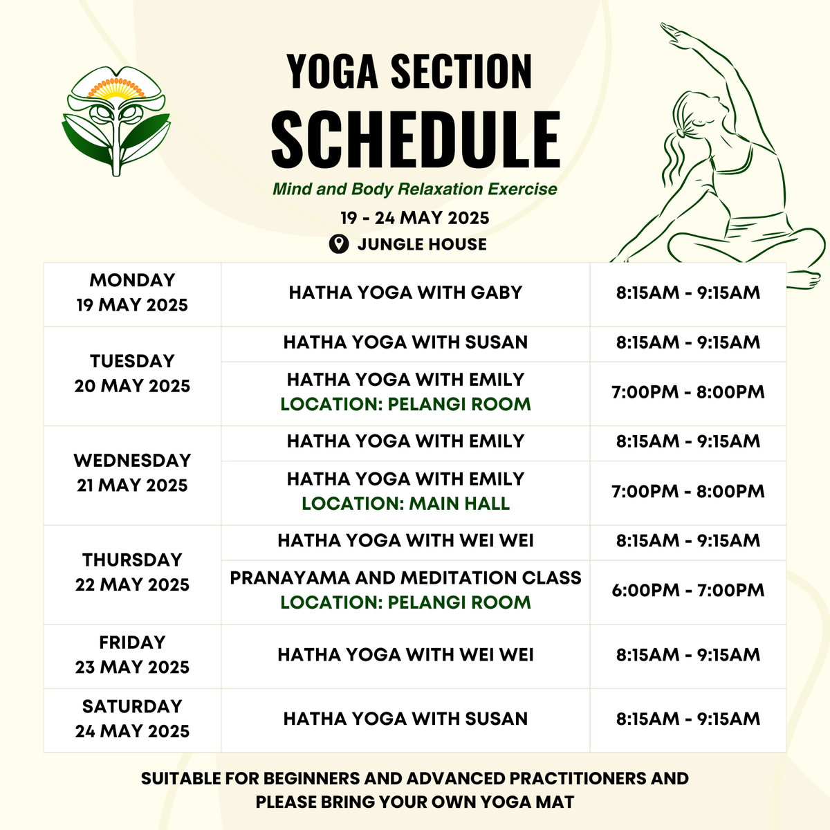 Yoga Schedule 19 to 24 May 2025 – Panaga Club