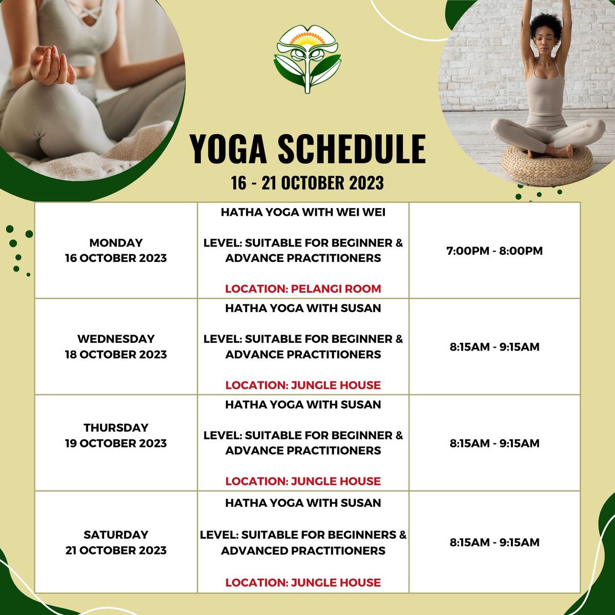 Yoga Schedule 16 to 21 October 2023 – Panaga Club
