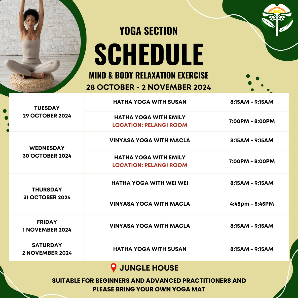 Yoga Schedule 28 October - 2 November 2024 – Panaga Club