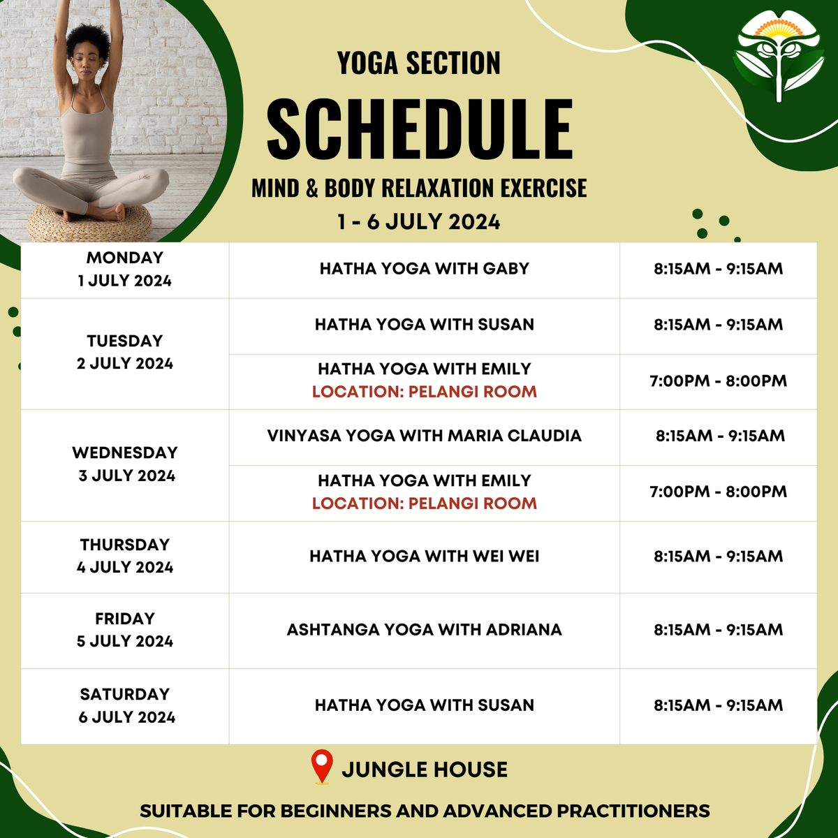 Yoga Schedule 1 - 6 July 2024 – Panaga Club